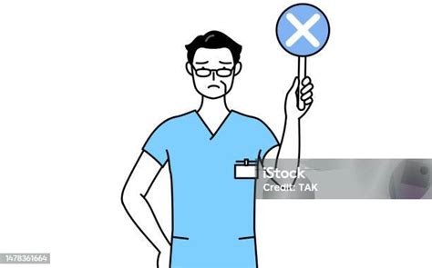 중년 수석 남자 간호사 물리 치료사 작업 치료사 언어 치료사 제복을 입은 간호 조수가 오답을 나타내는 X가 적힌 플래카드를 들고 있습니다 가정간병인에 대한 스톡 벡터 아트