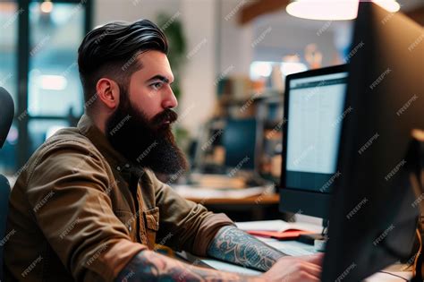 Premium Photo Serious Programmer Typing Code On Desktop Computer