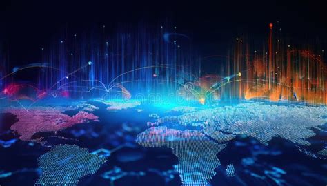 Vibrant Digital World Map With Glowing Data Connections And Trends Stock Illustration