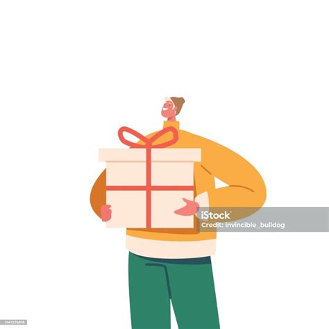 흰색 배경에 격리된 축제 활로 포장된 큰 선물 상자를 들고 따뜻한 옷을 입은 행복한 청년 겨울에 대한 스톡 벡터 아트 및 기타 이미지 겨울 고객 구매 Istock
