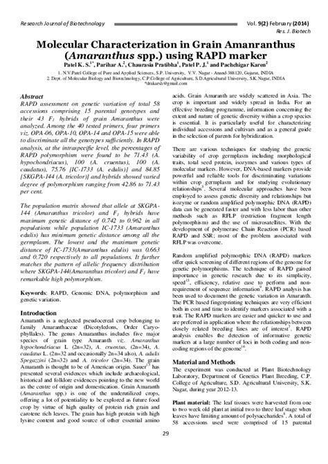Pdf Molecular Characterization In Grain Amanranthus Amaranthus Spp Using Rapd Marker