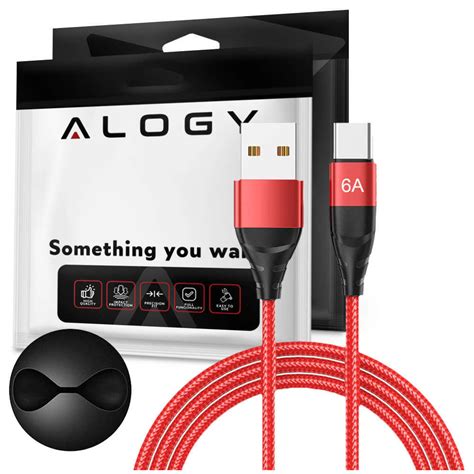 Kabel Alogy przewód USB-A do USB-C Type C 6A 1m Czerwony + Organizer ...