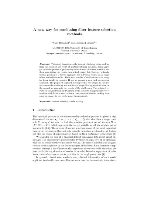 Pdf A New Way For Combining Filter Feature Selection Methods