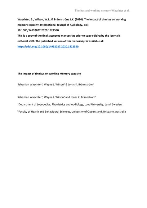 Pdf The Impact Of Tinnitus On Working Memory Capacity