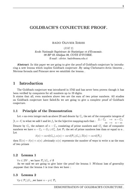Pdf Goldbach Conjecture Proof