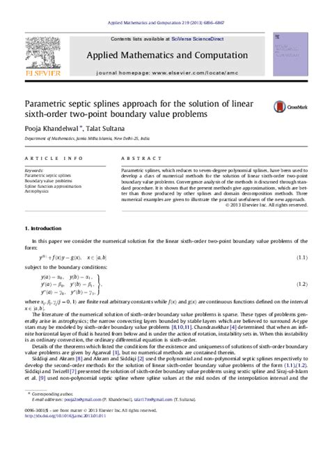 Pdf Parametric Septic Splines Approach For The Solution Of Linear Sixth Order Two Point