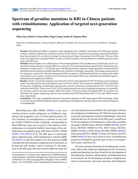 Pdf Spectrum Of Germline Mutations In Rb1 In Chinese Patients With