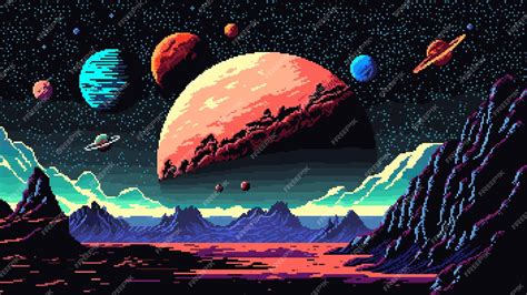 별이 빛나는 하늘과 은하계 행성이 있는 우주 행성 표면 풍경 Ai는 8비트 픽셀 게임 장면 배경을 생성했습니다 붉은 땅 바위와 많은 위성이 있는 외계 자연 환경 프리미엄 벡터