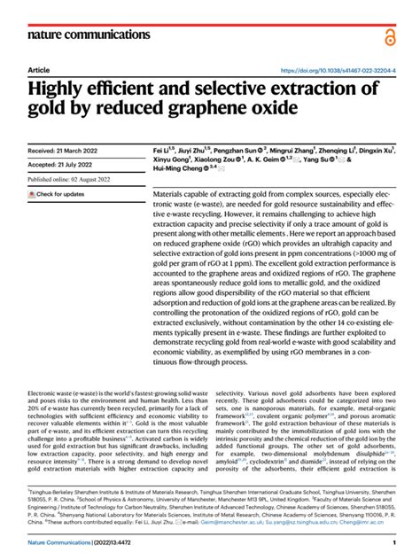 Highly Efficient And Selective Extraction Of Gold By Rgo Pdf Graphene Gold