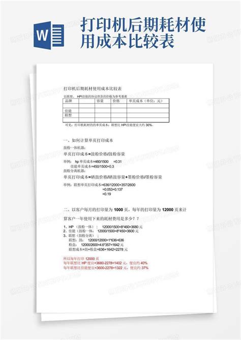打印机后期耗材使用成本比较表Word模板下载 编号lzjzjyvd 熊猫办公