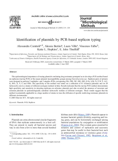 Pdf Identification Of Plasmids By Pcr Based Replicon Typing