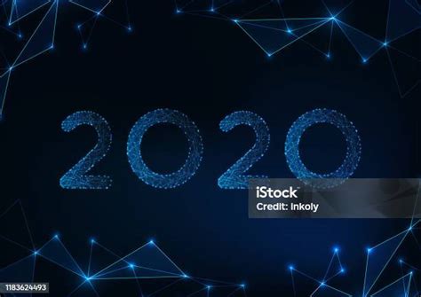 추상적 인 어두운 파란색 배경에 미래 빛나는 낮은 다각형 2020 새해 인사말 카드 숫자에 대한 스톡 벡터 아트 및 기타 이미지 숫자 2020년 3차원 형태 Istock