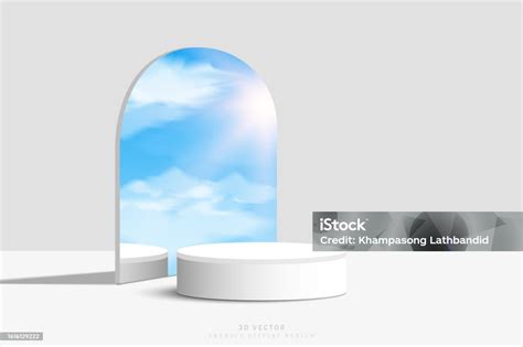 3d 화이트 그레이 연단 디스플레이 아치 거울 유리에 구름 하늘 태양이 있는 쇼케이스를 위한 실린더 받침대 또는 무대 모형 또는 제품 프리젠테이션을 위한 야외 장면 디자인