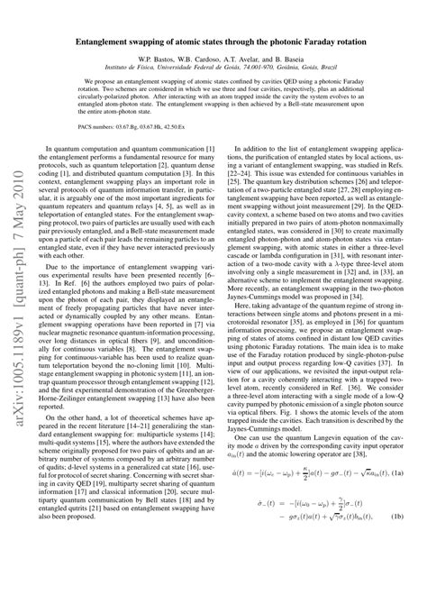 Pdf Entanglement Swapping Of Atomic States Through The Photonic Faraday Rotation