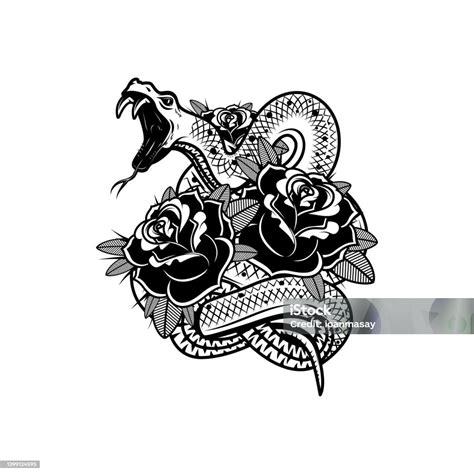 장미와 함께 배경에 뱀 포스터 티셔츠 카드 배너를위한 디자인 요소 벡터 일러스트 레이 션 0명에 대한 스톡 벡터 아트 및 기타 이미지 Istock