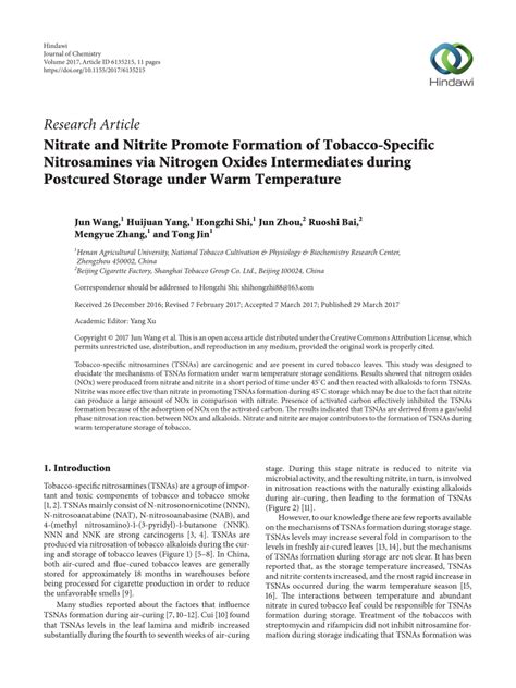 Pdf Nitrate And Nitrite Promote Formation Of Tobacco Specific Nitrosamines Via Nitrogen Oxides