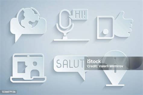 다른 언어로 솔루트를 설정 손 같은 외국 온라인 연구 정보 마이크 음성 장치 및 학습 외국 아이콘 벡터 3차원 형태에 대한 스톡