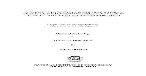 Pdf Optimization Of Surface Roughness Material Removal Rate And