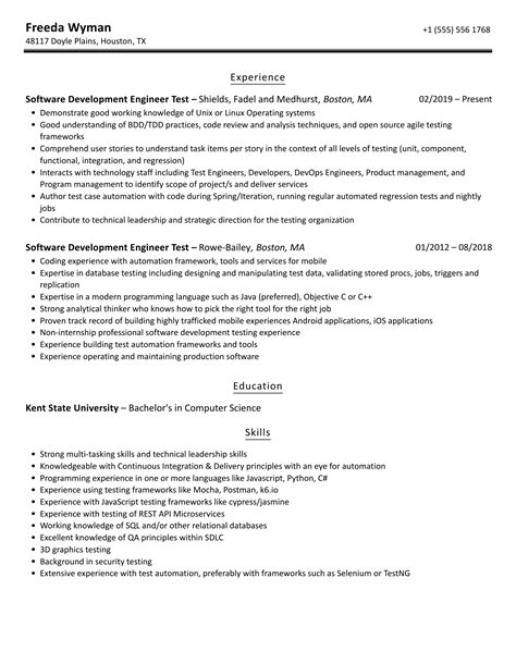 Software Development Engineer Test Resume Samples Velvet Jobs