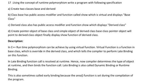 Solved 17 Using The Concept Of Runtime Polymorphism Write