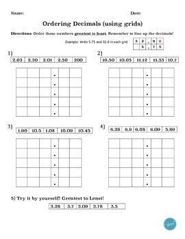 Ordering Decimals With Grids Conceptual Understanding TpT