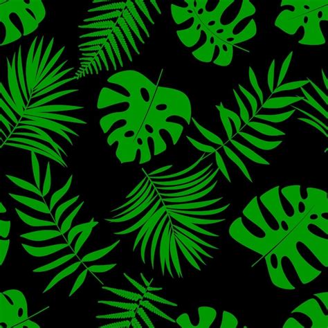 검은 배경에 다른 녹색 열대 잎 프리미엄 벡터