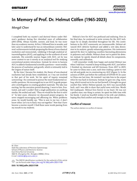 In Memory Of Prof Dr Helmut Cölfen 1965‐2023