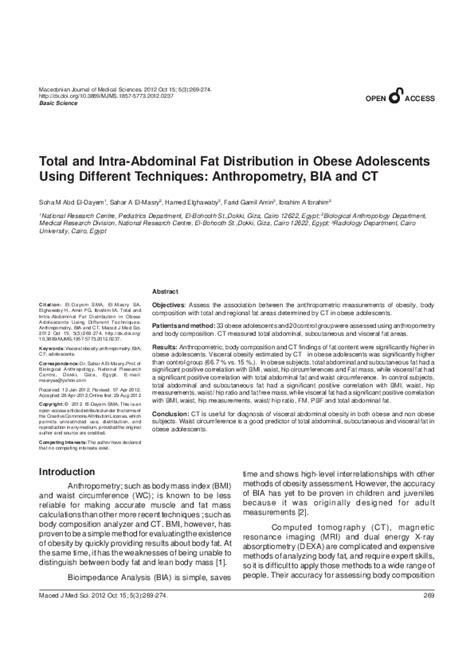 Pdf Total And Intra Abdominal Fat Distribution In Obese Adolescents Using Different Techniques