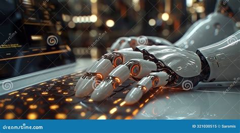 Robotic Hand Typing On Keyboard In Futuristic Workspace With Advanced Technology And Ai