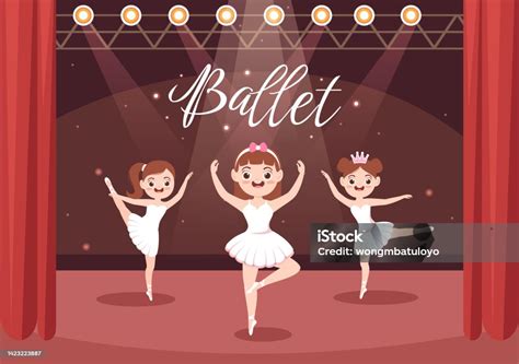 귀여운 작은 발레리나 템플릿 손으로 그린 만화 플랫 일러스트 레이 션 여성 춤 무대 디자인에 투투 의상을 입고 Theatrical Performance에 대한 스톡 벡터