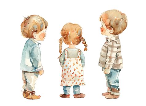 Conjunto De Niños De Acuarela De Pie Con Sus Espaldas Dos Niños Y Una Niña Bebés Lindos Vector