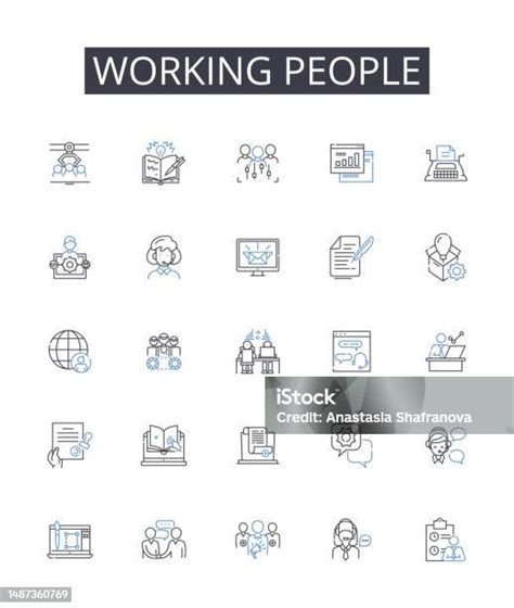 일하는 사람들 라인 아이콘 모음입니다 조직 카탈로그 작성 정보 관리 정렬 추적 벡터 및 선형 그림 분류 검색 가능 디지털 스토리지 개요 표지판 세트 감시에 대한 스톡 벡터