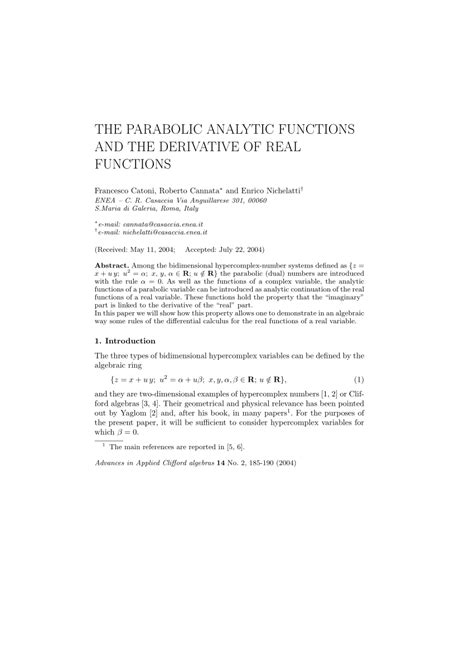 Pdf The Parabolic Analytic Functions And The Derivative Of Real Functions