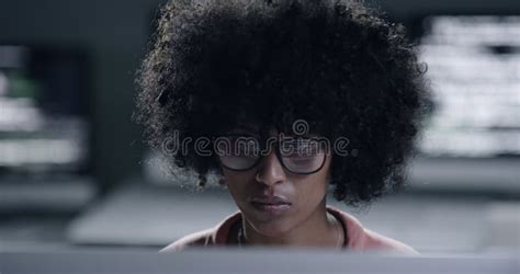 Technology Black Woman Programmer Look At Computer And Working Late At Night At Her Workplace