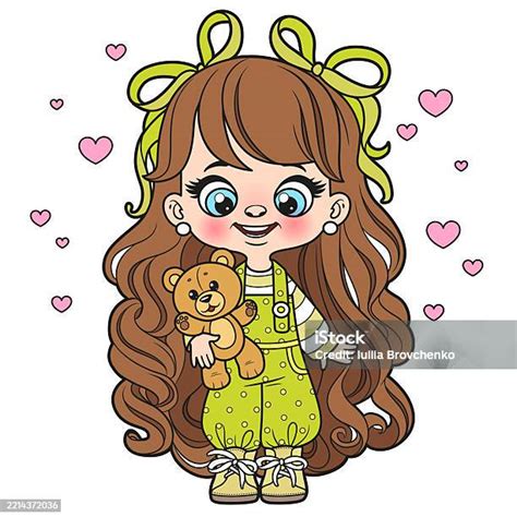귀여운 만화 긴 머리 소녀 부드러운 장난감 테디 베어 손에 색상 변화 흰색 배경에 고립 된 색칠 공부 페이지 곱슬 머리에 대한 스톡 벡터 아트 및 기타 이미지 Istock