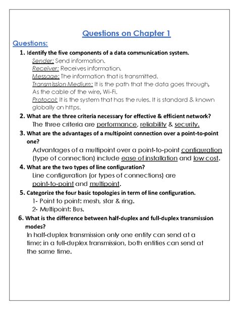 Questions On Chapter 1 Data Communications And Networking Questions On Chapter 1 Questions