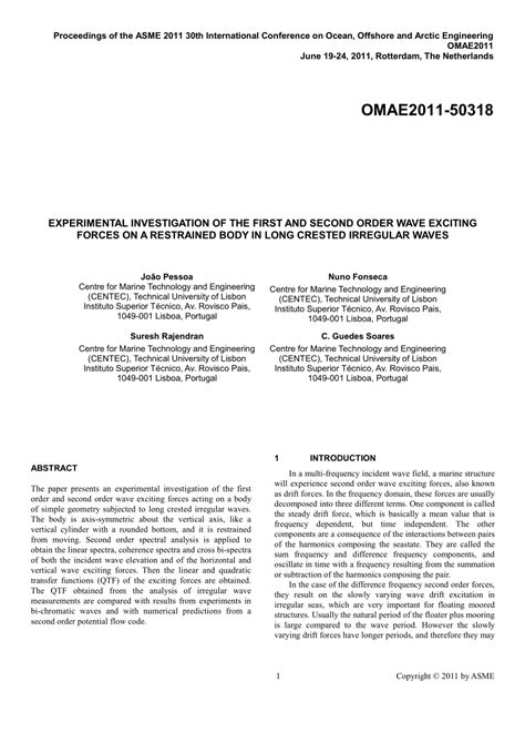 Pdf Experimental Investigation Of The First And Second Order Wave Exciting Forces On A