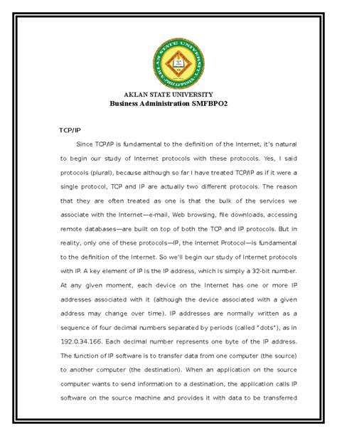 Basic Internet Protocol Tcpip Aklan State University Business Administration Smfbpo Tcpip