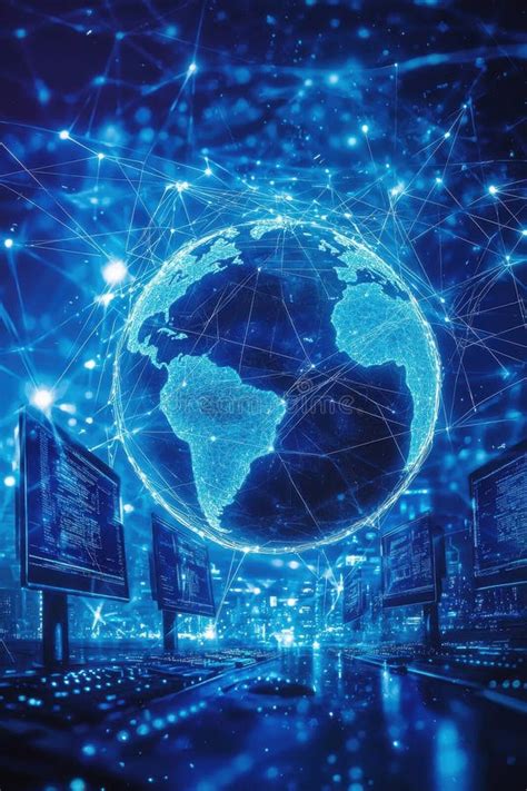 Digital Global Connectivity Network With Earth And Technology Interface On Blue Background Stock