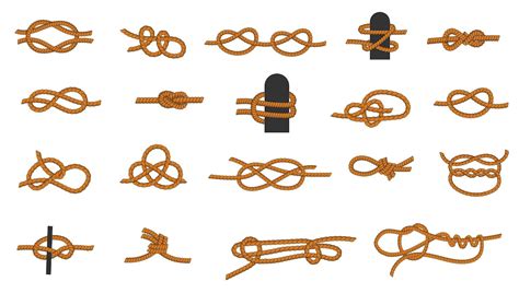Knot Types Cartoon Knotted Rope With Ties And Threads For Boating And