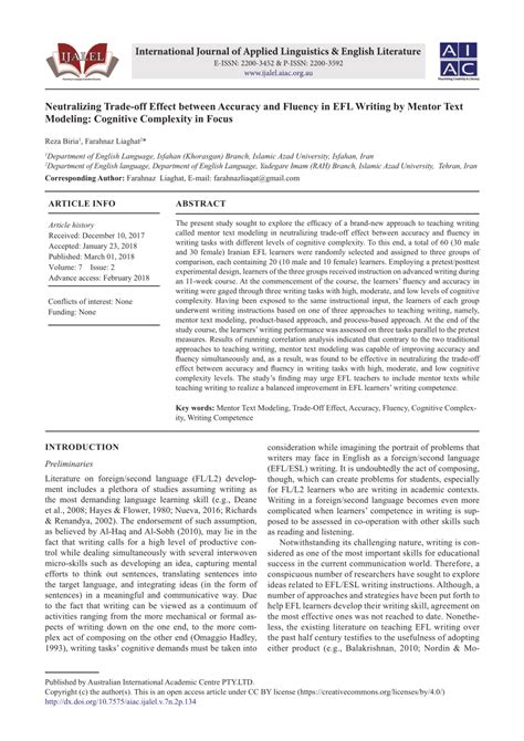 Pdf Neutralizing Trade Off Effect Between Accuracy And Fluency In Efl Writing By Mentor Text