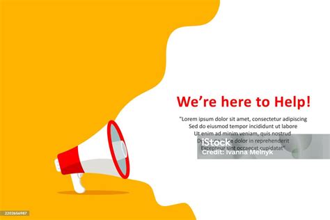 우리는 도움을 드리기 위해 여기 있습니다 확성기로 배너 말풍선 배너를 도와드리기 위해 여기 있습니다 소매 쇼핑 온라인 마케팅 템플릿을위한 벡터 일러스트 레이 션 고급에 대한
