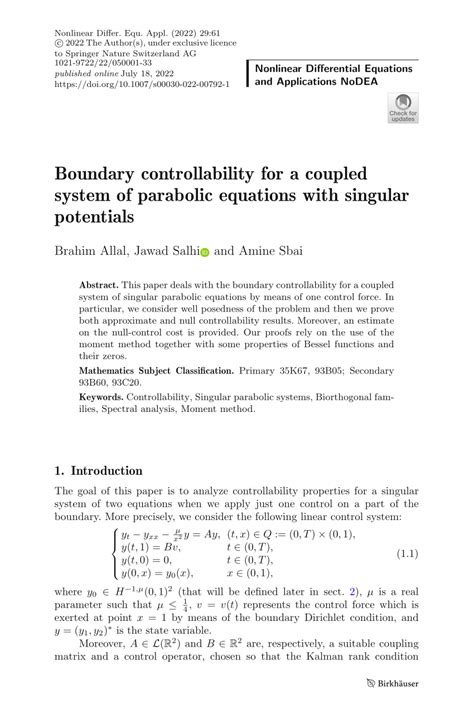 Pdf Boundary Controllability For A Coupled System Of Parabolic Equations With Singular Potentials