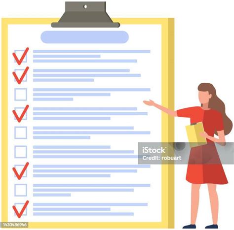 여자는 목록과 계획 일정에 가까이 서 있습니다 계획 완료 작업 완료 시간표 개념에 대한 스톡 벡터 아트 및 기타 이미지 개념