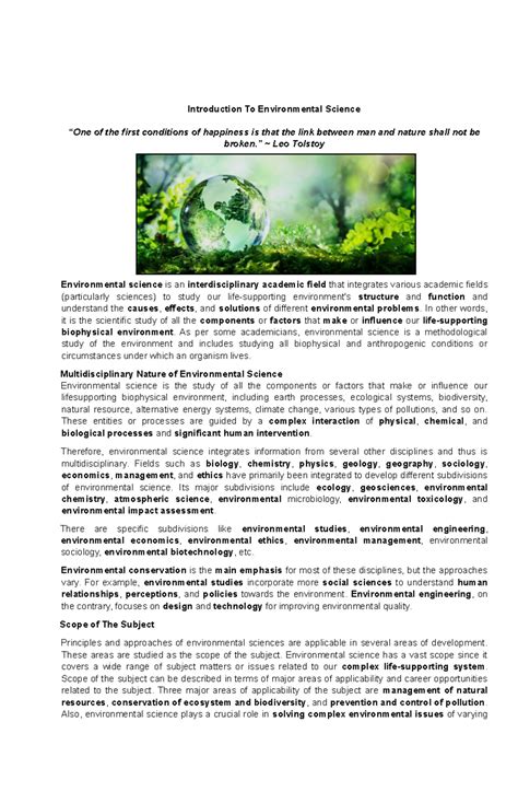 Introduction To Environmental Science Leo Tolstoy Environmental Science Is An Studocu