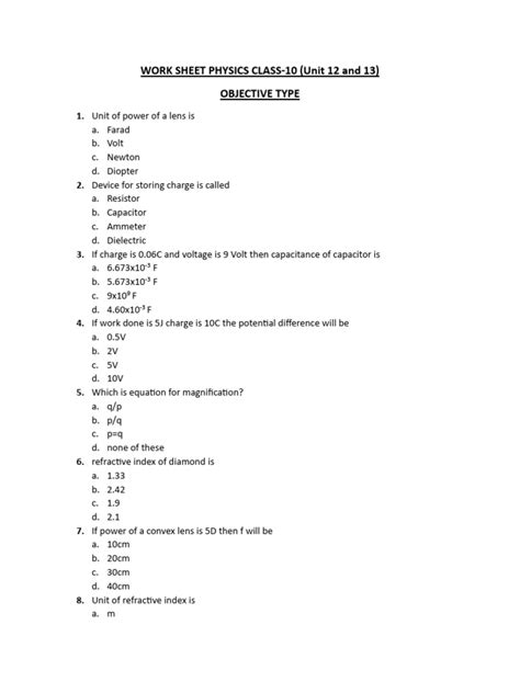 Work Sheet Physics Class 1 Pdf
