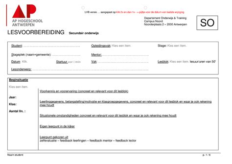 Cursus Algemene Didactiek Sjabloon Voor Een Lesvoorbereiding