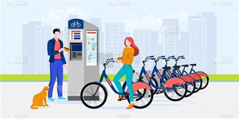 商务 自行车 绘画插图 城市 平坦的 矢量 rent 传送带 分享 服务图片 城市图片素材 花瓣网