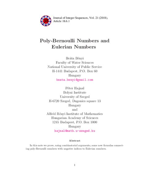 Pdf Poly Bernoulli Numbers And Eulerian Numbers