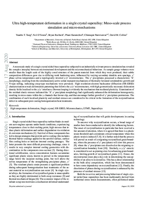 Pdf Ultra High Temperature Deformation In A Single Crystal Superalloy Meso Scale Process